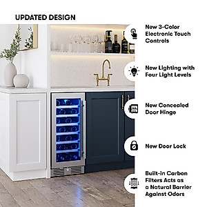 Zephyr Presrv 15 Inch Wine Fridge Single Zone Under Counter - Slim Narrow Wine Cooler Cellars Small Cabinet Wine Refrigerator Home Bar Chiller Freestanding with Glass Door - 27 x 750ml Bottles