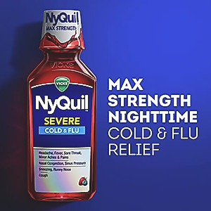 Vicks NyQuil SEVERE Cold & Flu Liquid Berry Flavored Medicine, Max Strength Nighttime Relief for Fever, Sore Throat, Minor Aches And Pains, Nasal Congestion, Sneezing, Cough, Twin Pack, 2 x 12 FL OZ
