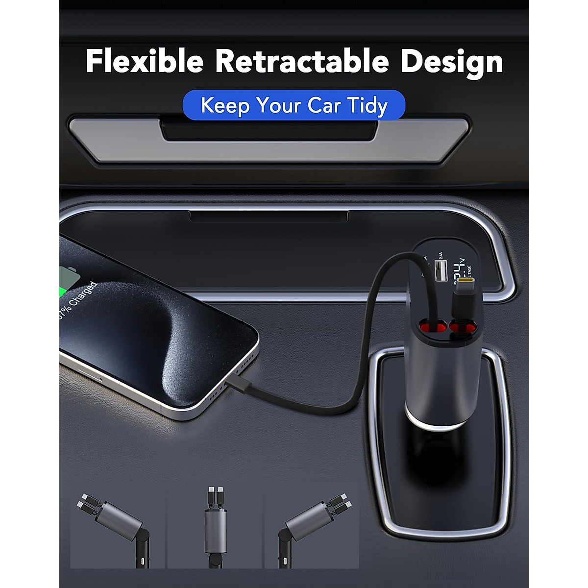 Retractable Car Charger, 4 in 1 Fast Car Phone Charger 66W, 2 Retractable Cables and USB Car Charger, USB C Car Charger for iPhone 15/14/13/12/11, Galaxy,Pixel