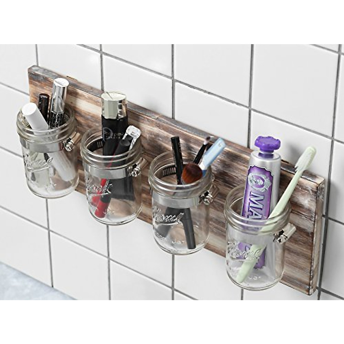 HOMKO Mason Jar Organizer - Farmhouse Bathroom Decor Storage - Office Kitchen Decorative Hanging Wall Organizer (Rustic Brown)