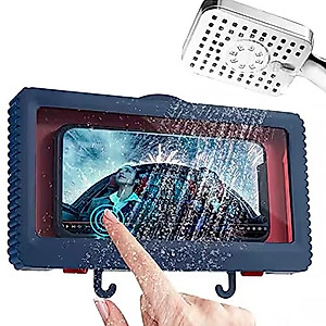 QeeHeng Shower Phone Holder, Waterproof Cell Phone Holder Box, Bathroom Phone Shelf Shower Glass Mirror Shower Mount Box Phone Holder Waterproof, Anti-Fog (Blue)