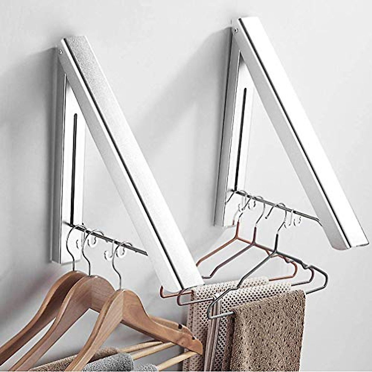 TYXTYX Wall Mounted Clothes Hanger, Aluminum Foldable Clothes, Waterproof Indoor Outdoor, Coat Racks Home Storage Organiser Space Savers,Silver,Double +40cm Pole