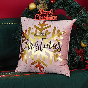 ONWAY Pink Gold Christmas Decorations Throw Pillow Covers 18x18 Set of 4 Snowflakes Reindeer Decorative Cushion Cases Xmas Golden Decor for Couch Sofa Bedroom