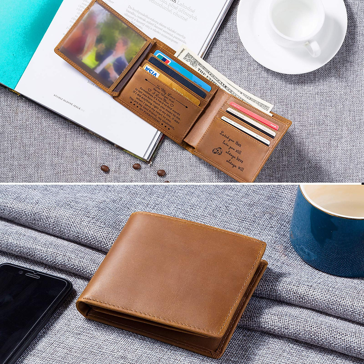Fundykee Engraved Mens Wallet Personalized Leather Wallet for Men Husband Dad Son Boyfriend Love Custom Gifts (Tri-fold wallet to my love)