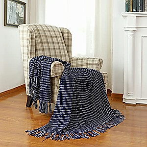 Decorative White Dot Navy Throw Blanket, Soft Chenille Woven Blanket with Tassels for Farmhouse Boho Décor, 50" x 60", Dark Navy