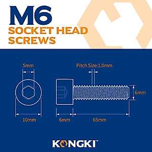 M6-1.0 x 65mm Socket Head Cap Screws Metric, Allen Socket Drive, 304 Stainless Steel (A2-70), Full Thread, Bright Finish, Machine Thread, Quantity 10