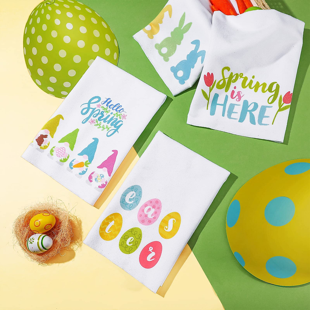 Breling 4 Pieces Easter Kitchen Towels 23.6 x 15.7 inches Easter Bunny Eggs Rabbit Hand Towels Spring Happy Easter Gnomes Kitchen Towels Holiday Cloth Dish Towels for Cooking Baking