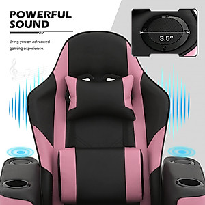 MoNiBloom Massage Gaming Recliner Chair with 2 Speakers, Ergonomic Lumbar Neck Support and Widened Armrests with Built-in Cup Holders, Tilt & Swivel Comfortable Gaming Chair for Adult Teen, Pink