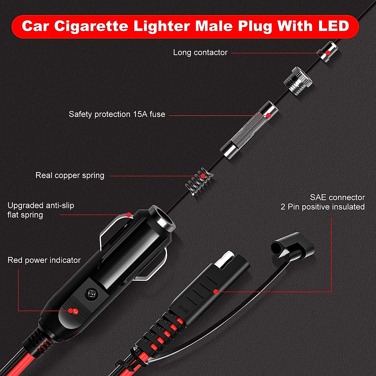 EXTRACTME 10FT Cigarette Lighter SAE Battery Charger Cable, 14AWG 12V Cigarette Lighter Plug to SAE Quick Release Adapter Extension Charging Cable with Fuse and LED Light
