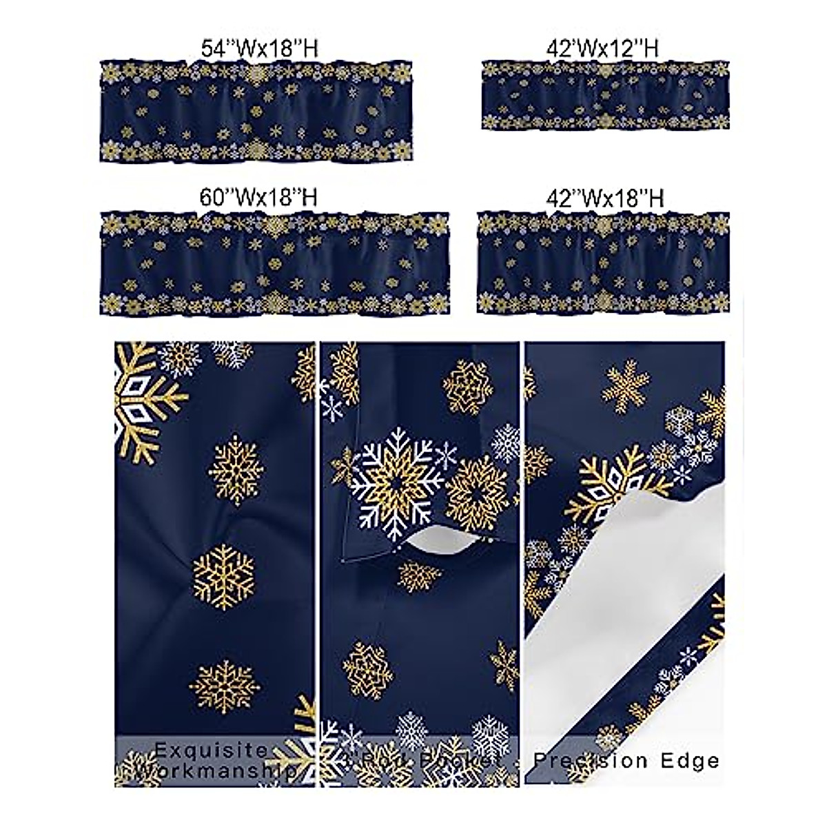 Christmas Day Kitchen Curtain Valance for Window Winter Geometric Snowflake 60x18In Rod Pocket Valances Short Curtains Window Treatment for Living Room Bathroom Bedroom Cafe Decor Gold White on Blue