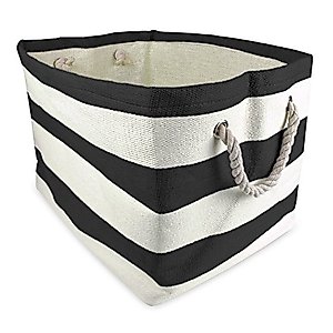 DII Durable Woven Striped Storage Bin Collapsible with Soft Rope Handles Reinforced with Metal Grommets, Medium, 15x10x12, Black