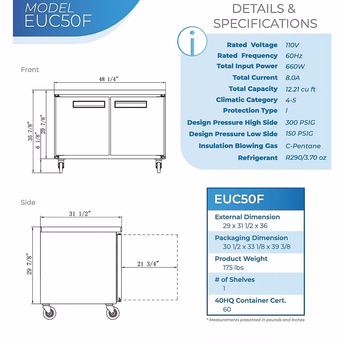 Commercial Undercounter Freezer, ETL NSF 2-Door Upright, 48.125" W 12.2 cu. ft. Auto-Defrost, Stainless Steel Restaurant