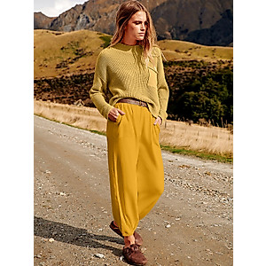 ANRABESS Women's Two Piece Outfits Long Sleeve Knit Top Fall Sweater Set Oversized Pants Tracksuit Lounge Sets Yellow Medium