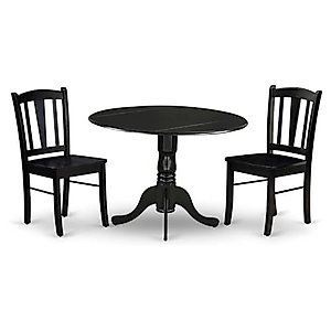 East West Furniture DLDL3-BLK-W 3 Piece Dining Room Furniture Set Contains a Round Kitchen Table with Dropleaf and 2 Dining Chairs, 42x42 Inch, Black