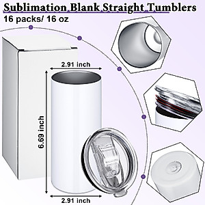 16 Pack Sublimation Skinny Tumbler Bulk 16oz Stainless Steel Straight Tumbler Slim Insulated Cup Set Double Wall Vacuum Water Tumbler Blanks White Cup with Lid for Art DIY Craft Coffee Gift Beverage