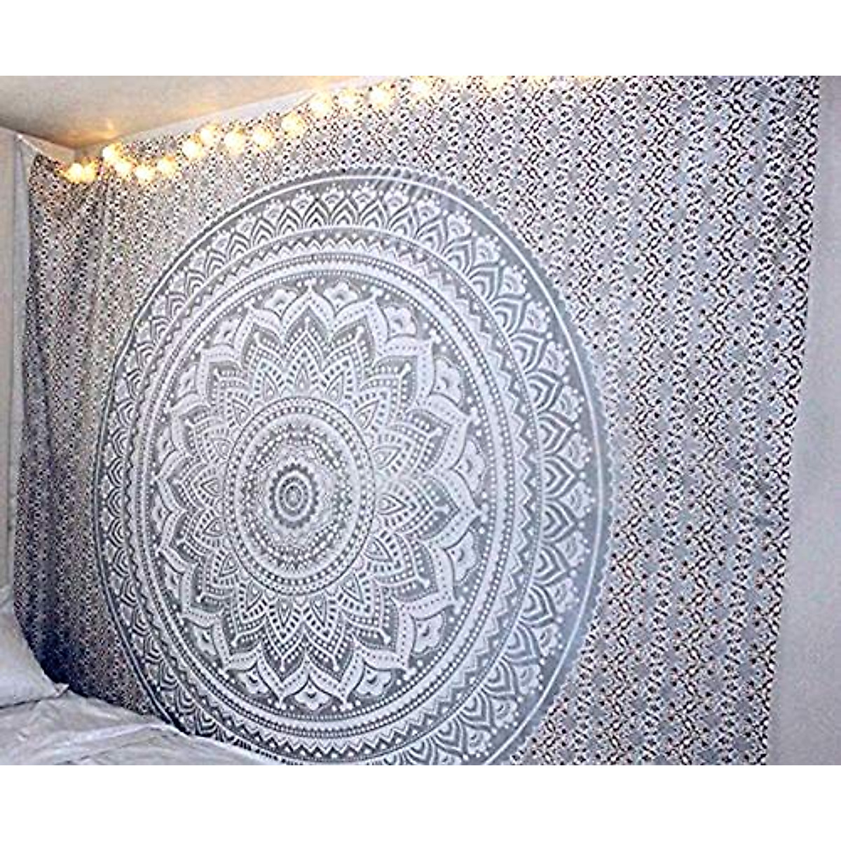 raajsee Glittering Silver Grey Tapestry Wall Hanging Mandala-Bohemian Room Decor-Indian Cotton Throw Hippie Tapestries -Queen Bedspread 82x92 inches
