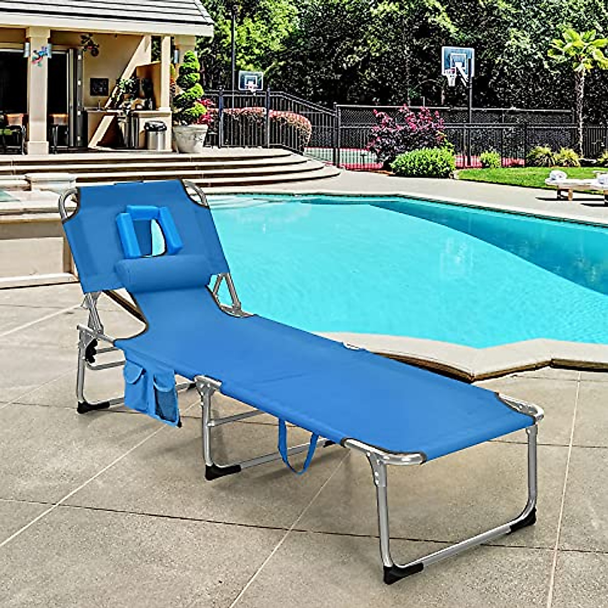 BANGTANE Tanning Chair, Lounge Chair for Outside, Portable Folding Beach Lounger w/ 5 Backrest Positions, Face Hole & Removable Pillow, 331LBS, Ideal for Poolside, Beach, Garden (Blue)
