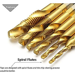 Bestgle 6 Packs Hex Shank Titanium Coated Countersink Tap Drill Bit Set, HSS Screw Thread Metric Combination Tap Drill, M3-M10