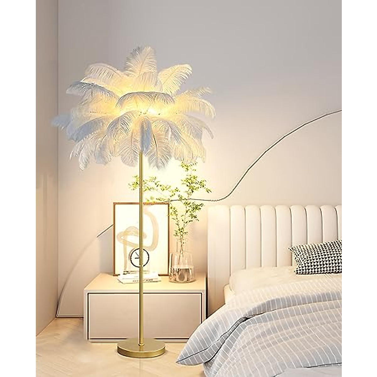 GOYQGLE Floor Lamp Gold,62.9in Ostrich Feather Floor Lamp with Foot Switch / 6-Light*G4,Golden Lamp Body with Plug in Wire,Bulb Included,Simple Modern Bedroom and Living Room