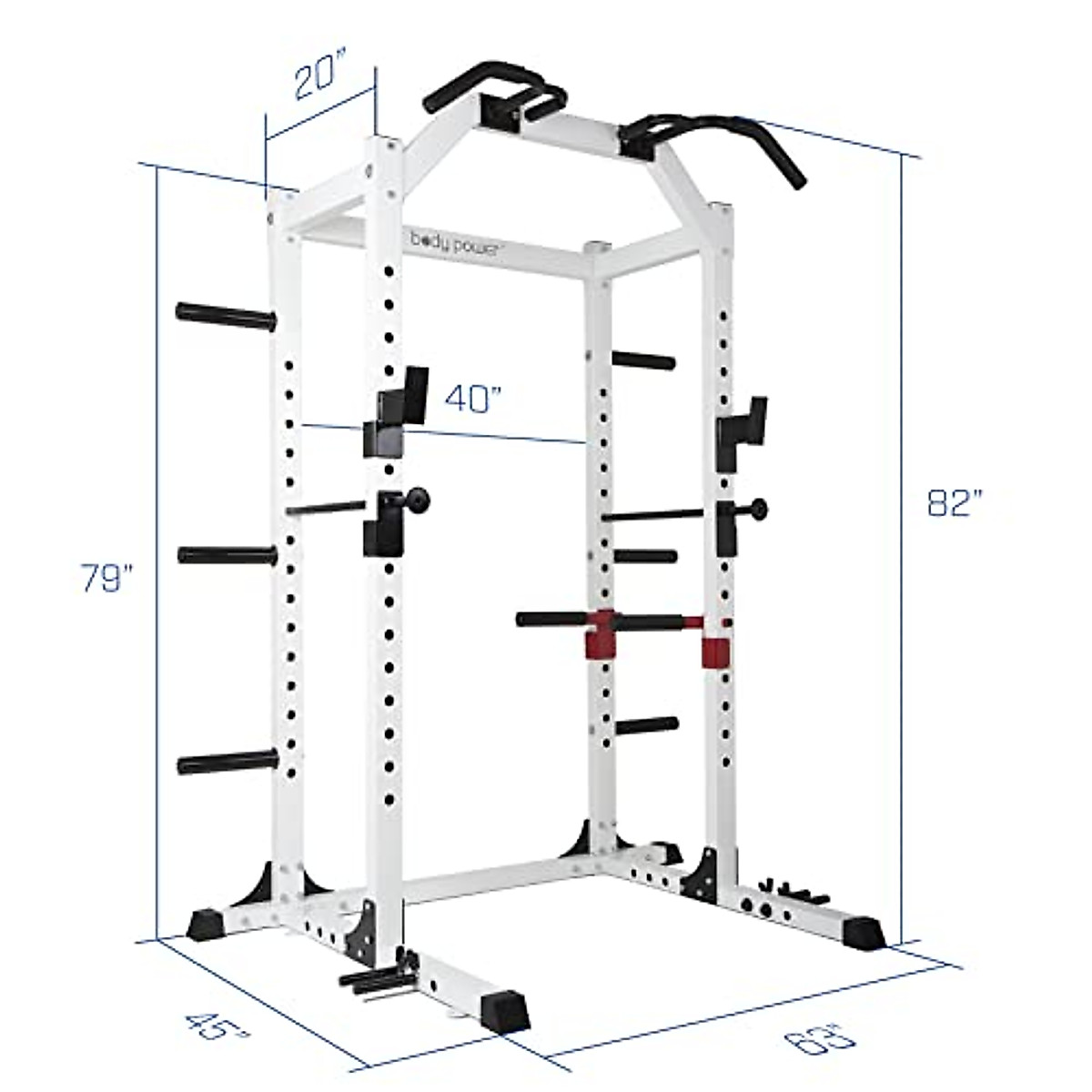 body power], 1st Gen Sturdy Deluxe Rack Cage with Accessories, Power Rack, Power Tower, Pull-Up Bar, Squat Rack, Attachments, Safety Bars, Built-in Floor-Mount Anchors, White, SMU6200