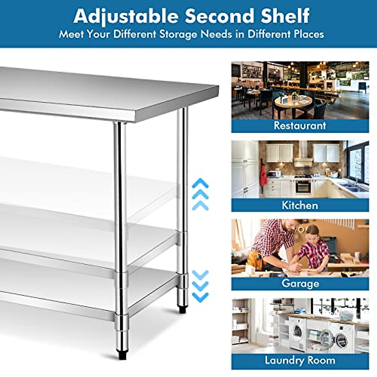 Giantex 48 x 30 Inches Stainless Steel Food Prep Table, Heavy Duty Commercial Kitchen Metal Table with Adjustable Lower Shelf and Plastic Feet, Steel Work Prep Table for Restaurant Home