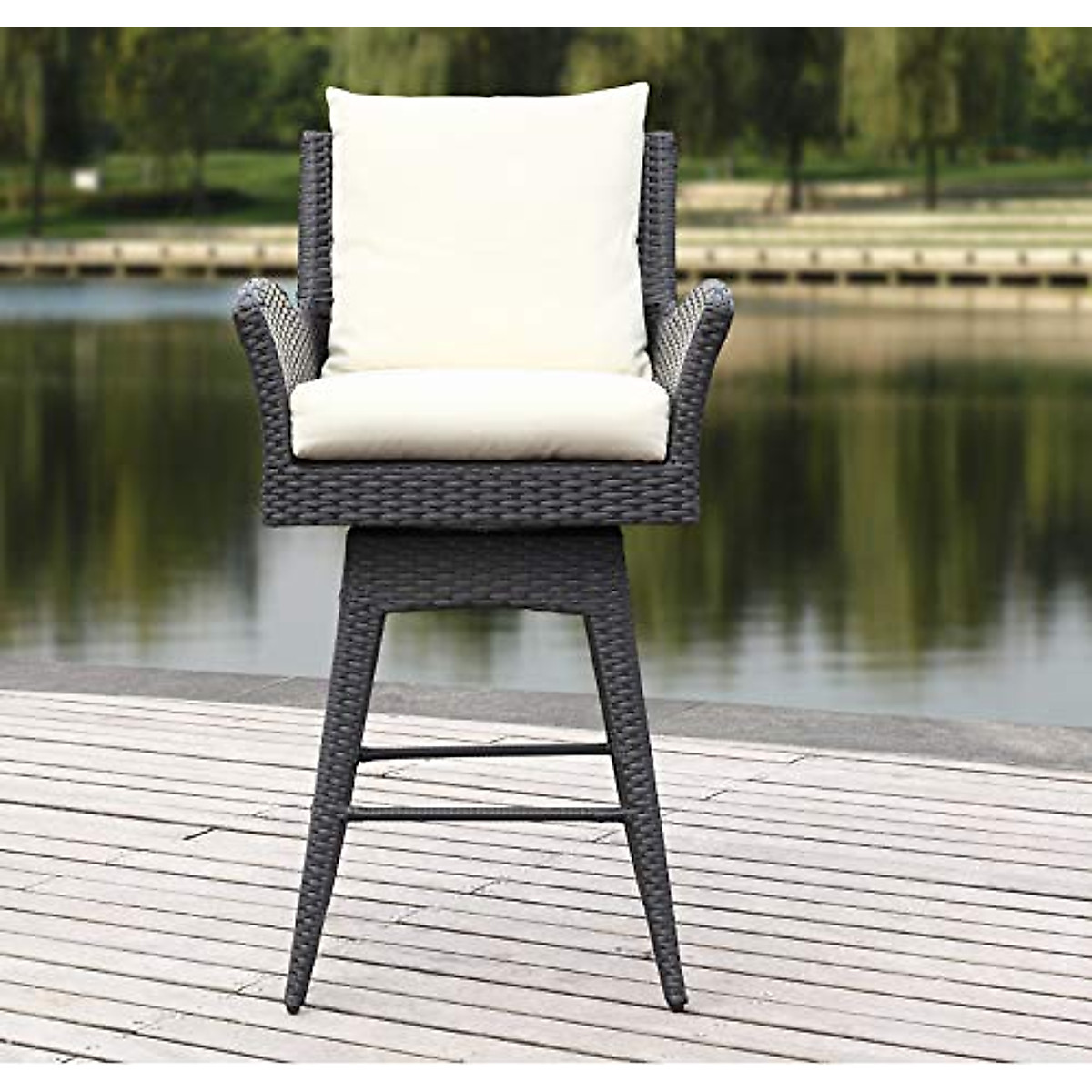 Safavieh PAT2515A Collection Hayes Black and Beige Outdoor Wicker Swivel Armed Counter Stool
