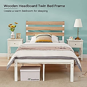 GreenForest Twin Bed Frame with Wooden Headboard Platform Bed with Metal Support Slats NO-Noise Heavy Duty Bed Base Industrial Style with 9 Strong Legs,Mattress Foundation,Twin