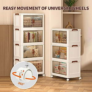 Roqao 4 Tier Stackable Plastic Storage Bins with Lids, 47QT Stackable Storage Bins with Wheels,Closet Organizers and Storage,Dual Open Collapsible Storage Bins for Home, Ofiice, Dorm Room(19x13x45 In)