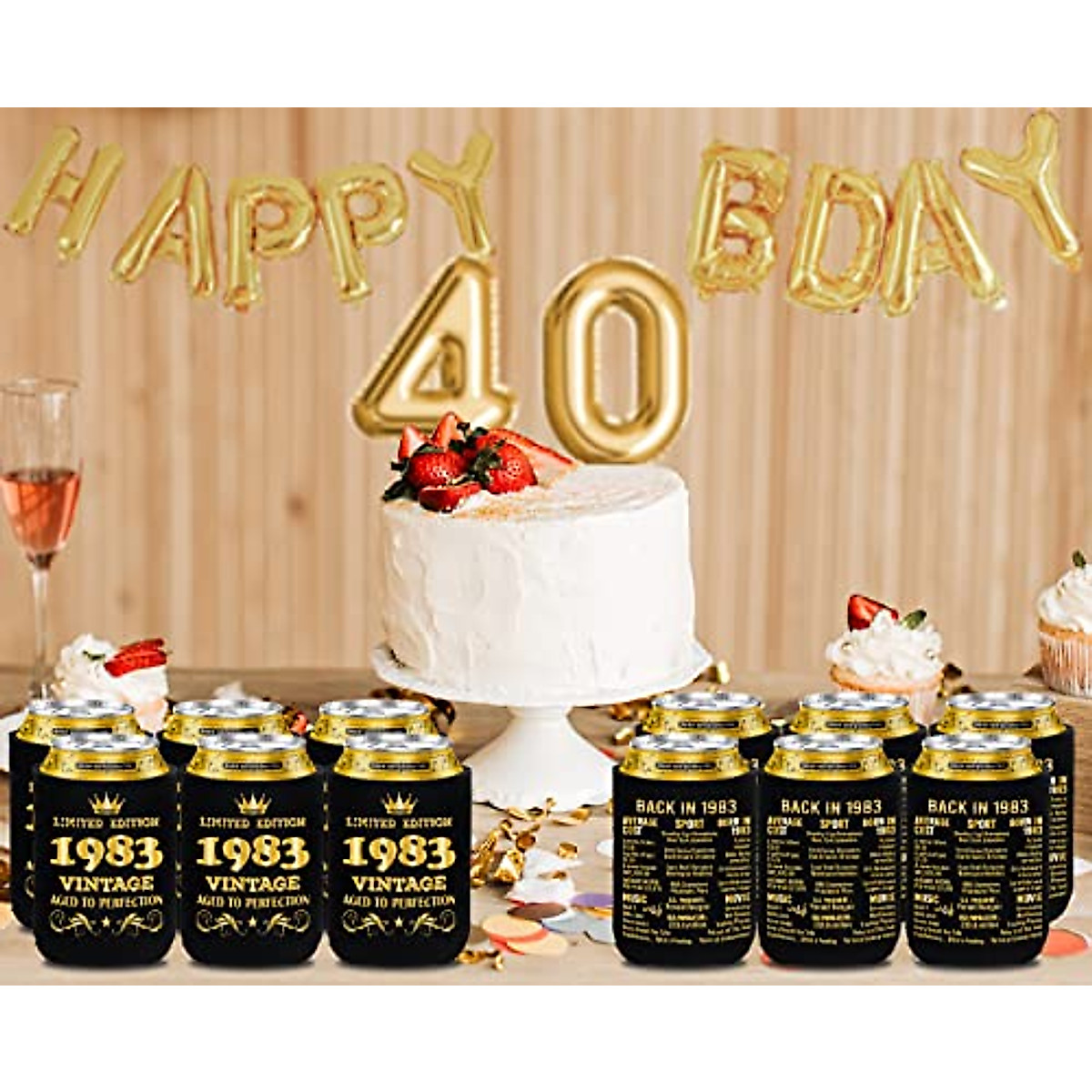 BackURyear 40th Birthday Party Decorations for Men Women, Funny 40th Birthday Party Supplies, 40 Years Old Forty Birthday Decor, 40th Birthday Party Cans Cooler Sleeves, Black&Gold/12 Pcs