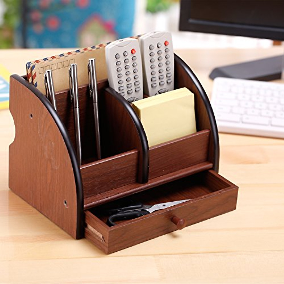 5-Compartment Luxury Black/Brown Wood Office Desktop Organizer with Large Storage Drawer