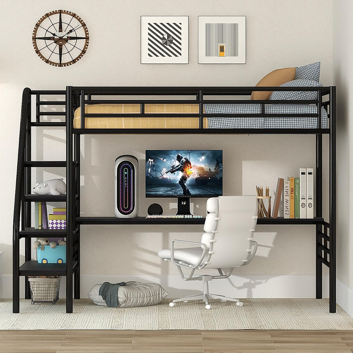 Twin Loft Bed with Desk and Storage Stairs, Heavy Duty Loft Bed with Atairs and Full-Length Guardrail, Twin Loft Bed for Kids, Teens(Black Loft Bed Twin Size)