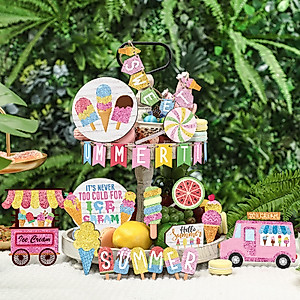 11 Pcs Ice Cream Party Tiered Tray Decor Ice Cream Party Decorations Supplies Wooden Signs for Summer Home Summer Farmhouse Cream Tiered Tray Decor (Ice Cream Style)