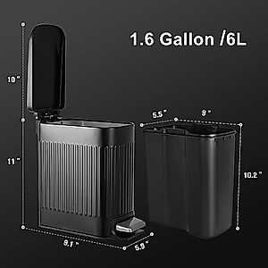 TrashAid Small Black Bathroom Trash Can with Lid Soft Close, 6 Liter / 1.6 Gallon, Stainless Steel Garbage Can with Removable Inner Bucket, Step Pedal, Slim Wastebasket for Toilet, Office, Bedroom
