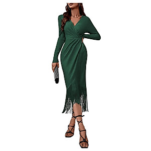 WDIRARA Women's Fringe Wrap Ruched V Neck Long Sleeve Solid Bodycon Party Maxi Dress Dark Green XL
