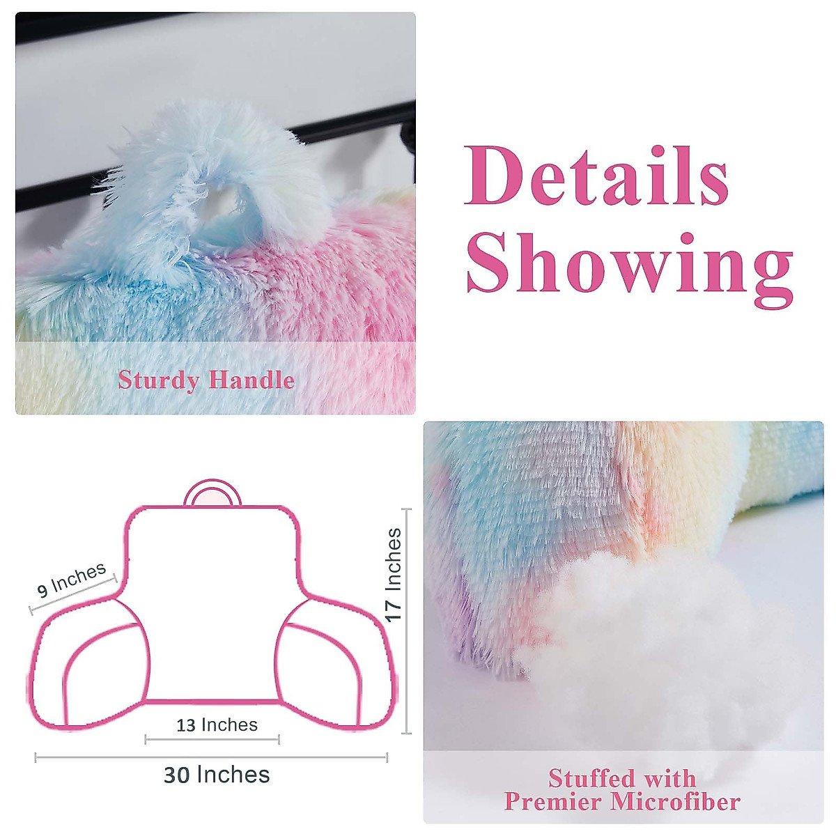 Bedriping Reading Pillow for Bed - Faux Fur Backrest Pillow with Arms, Reading & Bed Rest Pillows Rainbow Colors, Fluffy Sit Up Pillow, Study Pillow for Kid, Tween, Teens & Adult Girls