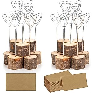 20 Pcs Wood Place Card Holders and 30 Pcs Kraft Place Cards, Rustic Wooden Table Number Holder Stand Photo Picture Note Clip Holders for Wedding Party Name Sign - Heart Shape