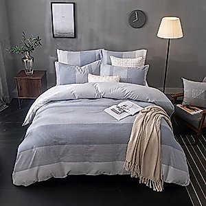 Merryfeel Cotton Duvet Cover Set,100% Cotton Yarn Dyed Striped Duvet Cover with 2 Pillowshams,3 Pieces Bedding Set - Full/Queen Grey