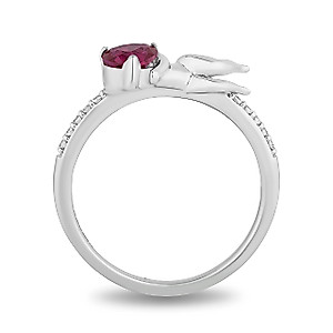 Jewelili Hallmark Fine Jewelry Sterling Silver and 14K Yellow Gold 5 MM Heart Cut Created Ruby and Natural White Round Diamond Accent Flying Cupid Ring, Size 6