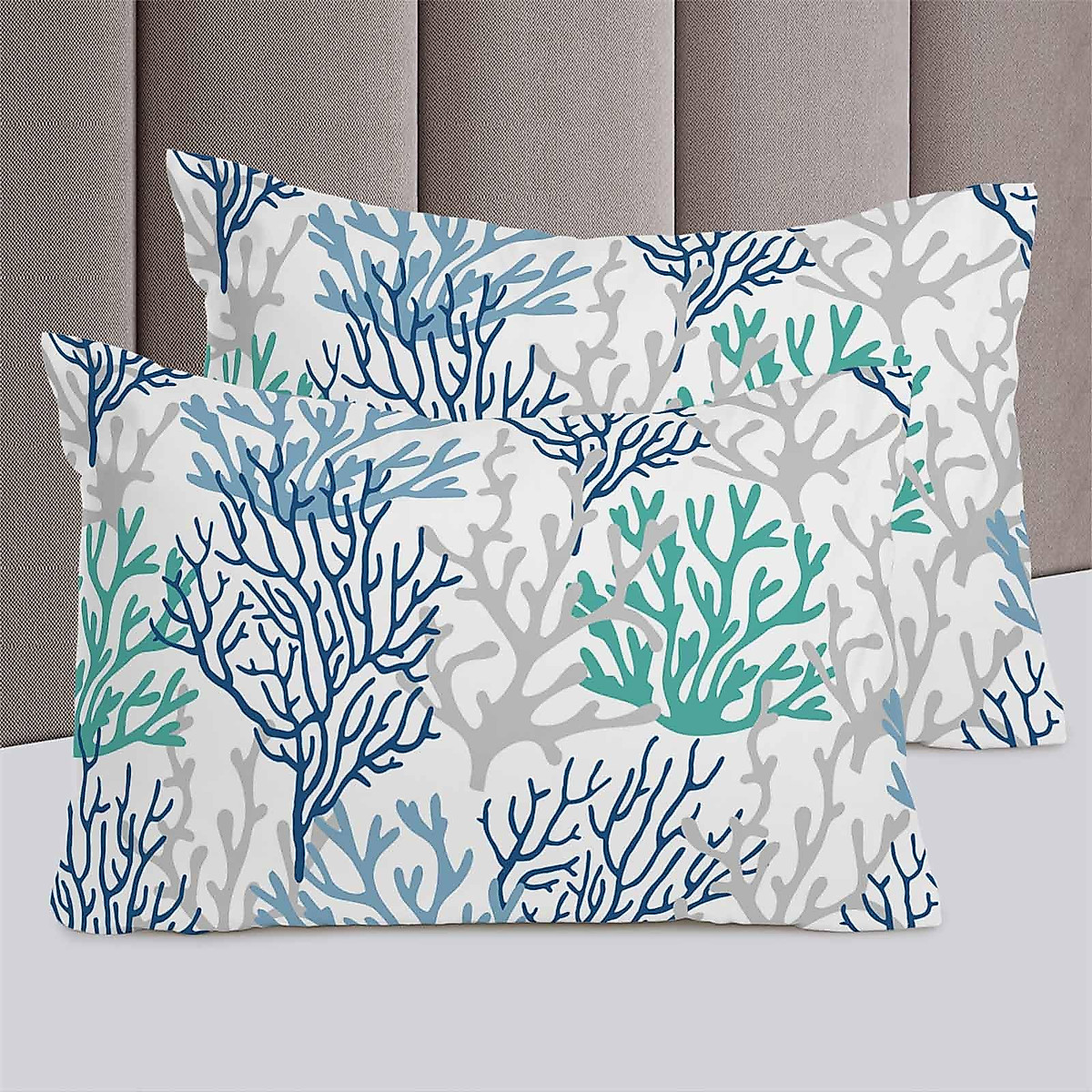 DecorLovee California King Duvet Cover Set - Blue Teal Grey Coral Coastal 4 Pcs Comforter Cover Bedding Sets, Summer Beach Nautical Ocean Microfiber Bed Sheet Soft Quilt Cover with 2 Pillow Shams