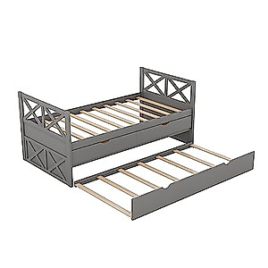 RORIGAT Twin Size Daybed with Trundle and Drawers,Multi-Functional Solid Pinewood Bedframe for Boys/Girls/Adult,No Box Spring Needed,Gray