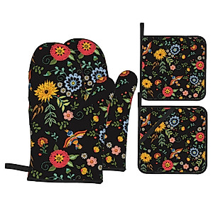 Colorful Floral Birds Oven Mitts and Pot Holders Sets of 4,Non-Slip Heat Resistant Oven Gloves for Baking Cooking Grilling BBQ
