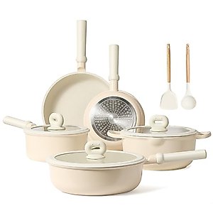 CAROTE Pots and Pans Set Nonstick Cookware Sets 10 Pcs Induction Cooking Set Dishwasher Safe Cookware w/Frying Pans & Saucepans PFOS PFOA Free(Cream Granite)