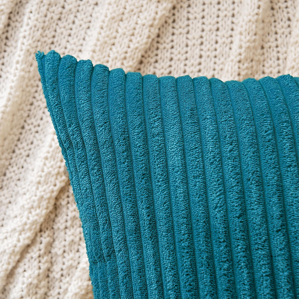 EMEMA Throw Pillow Covers Corduroy Decorative Soft Striped Square Cushion Covers Spring Pillowcases for Couch Sofa Bedroom Chair Car 20x20 Inch Pack of 2, Ocean Blue