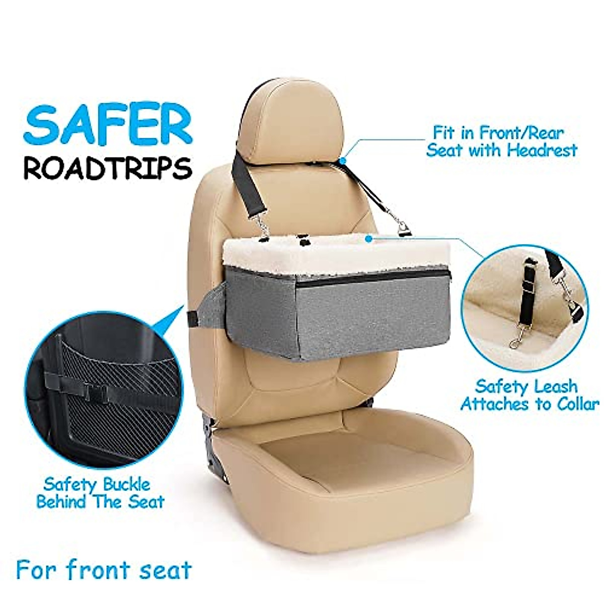 UNICITII Dog Car Seats for Small Dogs-Elevated Pet Dog Booster Seat for Dog,Raised Dog Lookout Car seat w/Clip-On Safety Leash Adjustable Pet Travel Seat