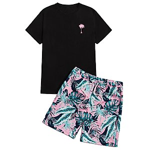 GORGLITTER Men's Tropical Short Set Summer Crewneck Short Sleeve T Shirt and Shorts Sets 2 Pieces Outfit Black Large