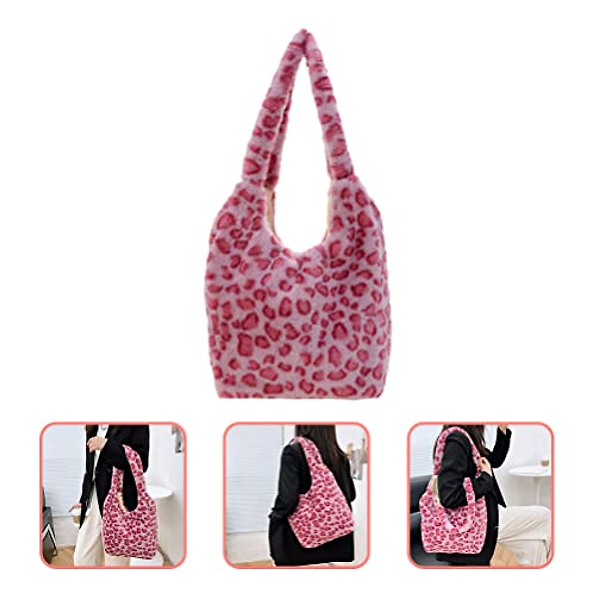 Plush Shoulder Bag Fluffy Leopard Print Tote Bag Cute Fuzzy Underarm Bag Handbag Bag Winter for Women Girls Pink