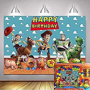 Cartoon Birthday Photography Backdrop Blue Sky White Clouds Birthday Cake Table Decoration Backdrop Kids Cartoon Story Theme Party Backdrop Baby Shower Decoration Supplies 5x3ft, Multicolor, 1.5X0.9M