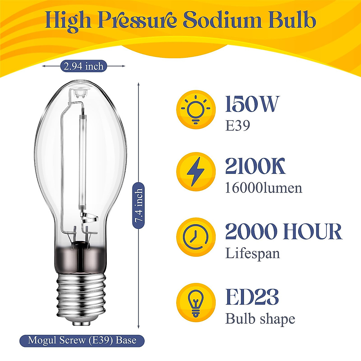 Rossesay LU150/MOG 150 Watt High Pressure Sodium Light Bulb, Mogul Base (E39) Light Bulb, ANSI Code S55, 2100K Outdoor Street Light Bulb, 20000 Life Hours,16000 Lumen