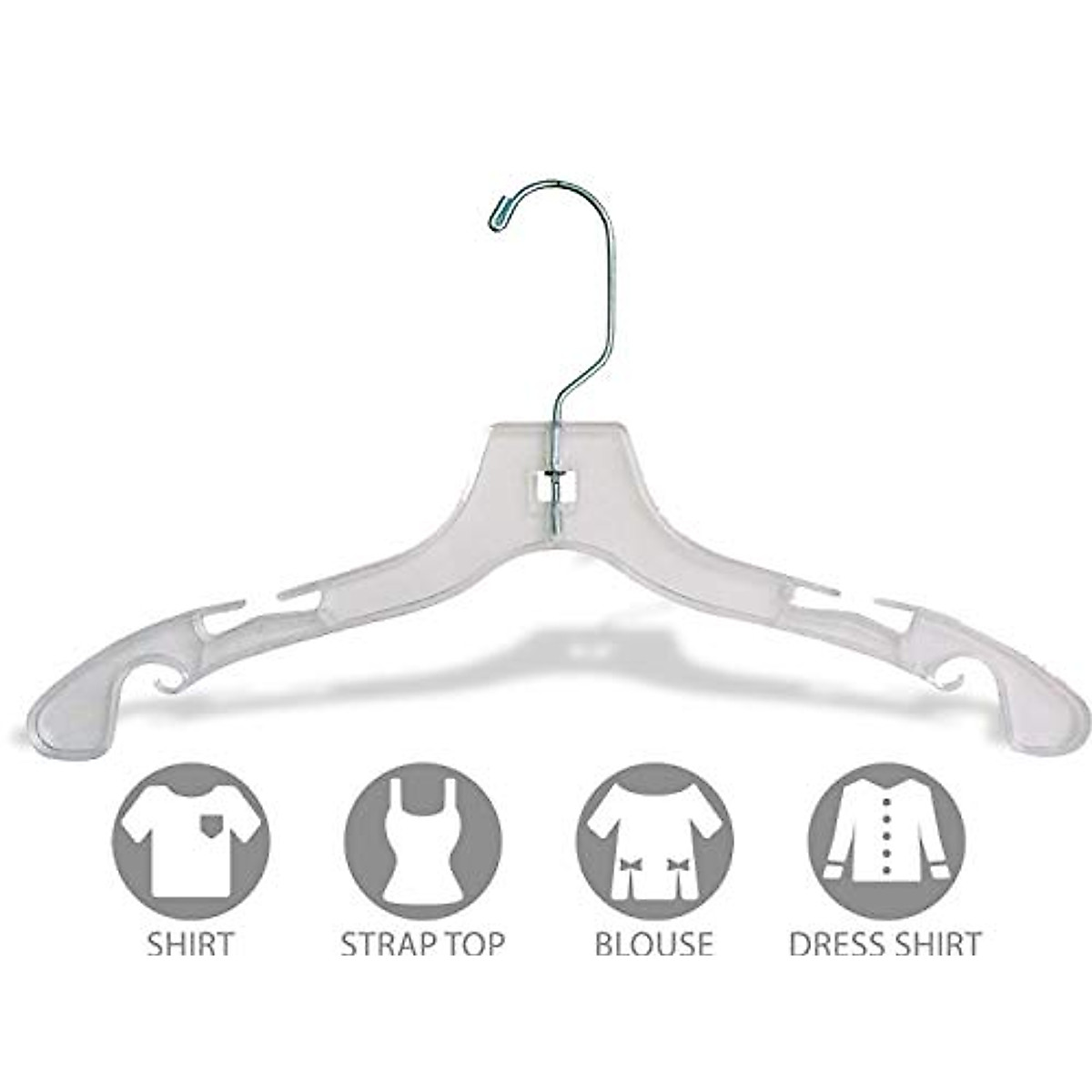Clear Plastic Kids Top Hanger, (Box of 50) Small 12 inch Space Saving Childrens Shirt Hangers with Notches and 360 Degree Chrome Swivel Hook by The Great American Hanger Company