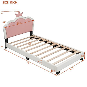 GYYBED Twin Size Upholstered Princess Bed with Crown Headboard,Princess Bed Frame for Girls,Pink Bed Frame cama para niña (Twin)